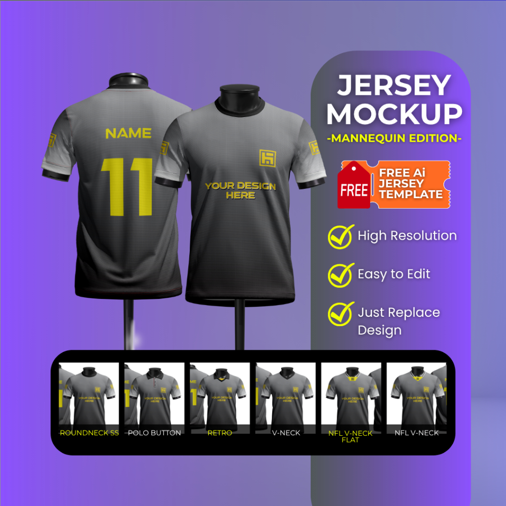 Jersey Mockup Mannequin Edition | 6 Jenis Kolar Baju | PSD File | Free ...