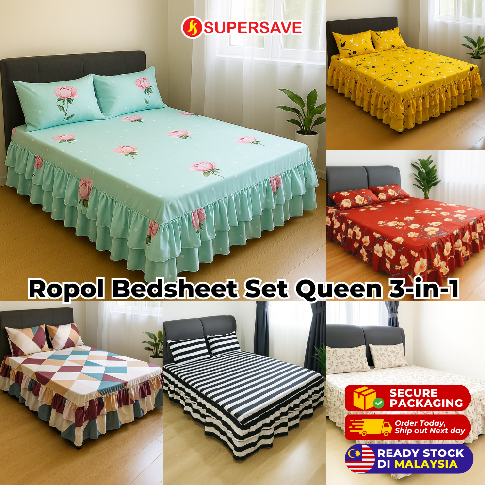 SUPERSAVE 3 IN 1 Cadar Ropol Bedsheet Bedskirt Queen King Single Sarung ...