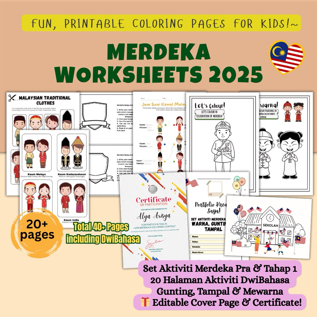 Set Aktiviti Merdeka 2025 (Pra & Tahap 1) Lebih 40 Pages Dwibahasa ...