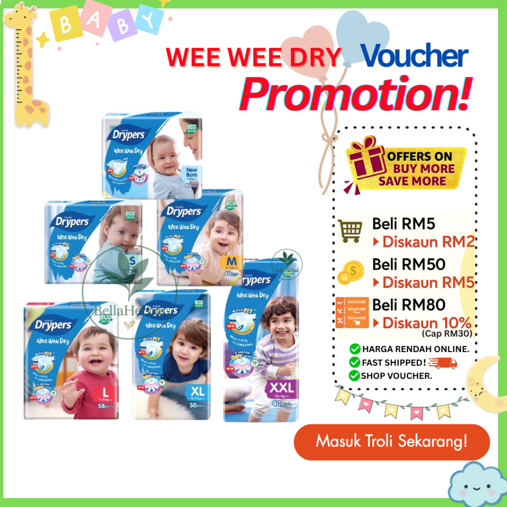 Drypers Wee Wee Dry NB 60s/S 80s/M 60s /L 58s/ XL 50s / XXL 40s (1 pack ...