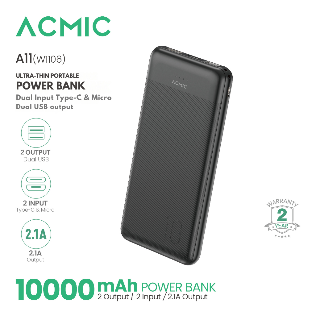 ACMIC A11 Powerbank 10000mAh USB Outputs Type-C Input Only | Shopee ...