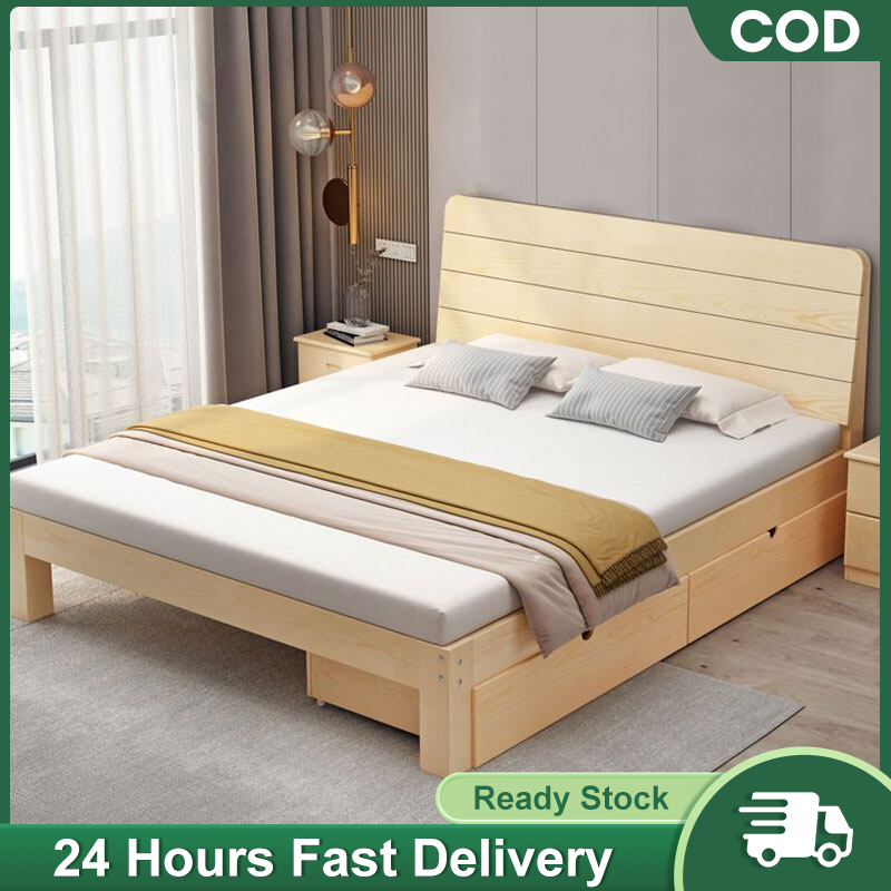 Solid Wood Bed Frame Katil Kayu Queen/Single/King With Drawer Storage ...