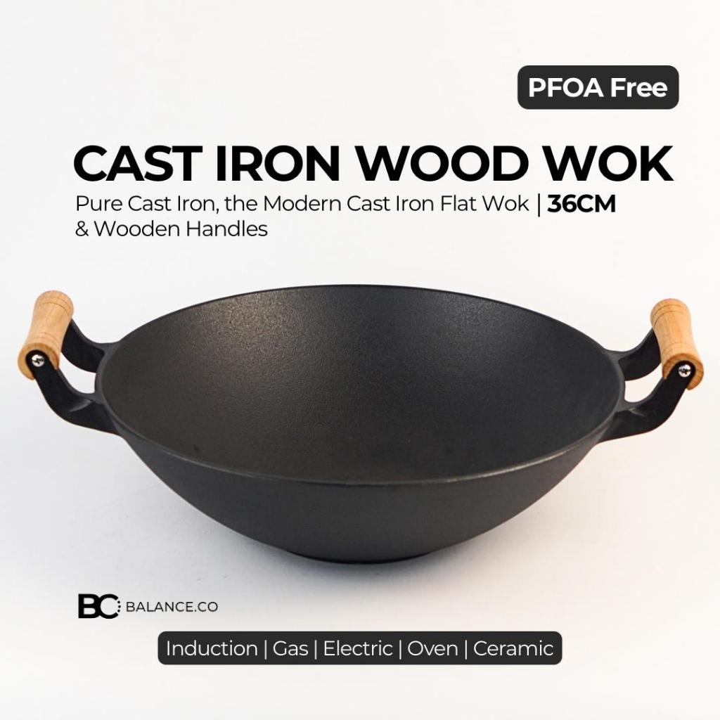 Balance.co Premium 36cm Cast Iron Flat Wok with Wood Handle Wok Kuali ...