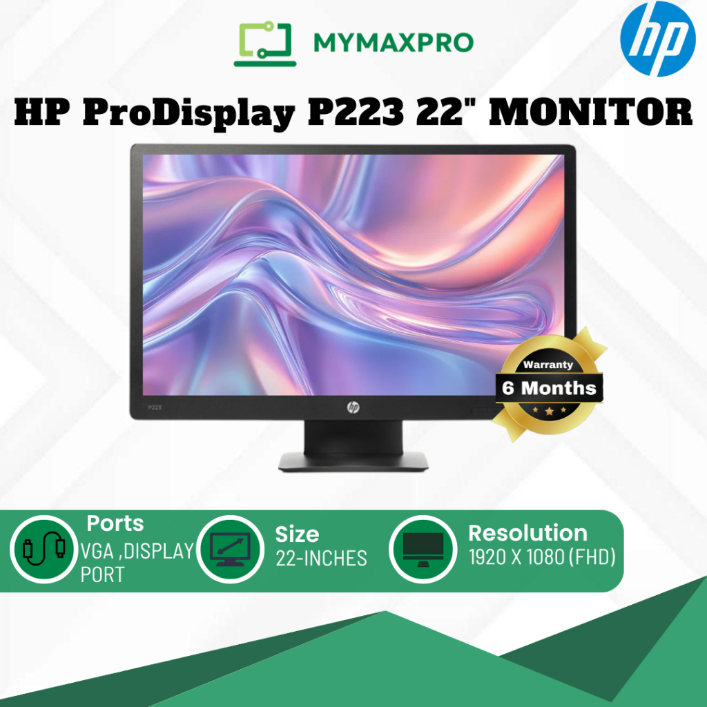 HP ProDisplay P223 22" LED Monitor 22 inch Wide 1920x1080 VGA DP ...