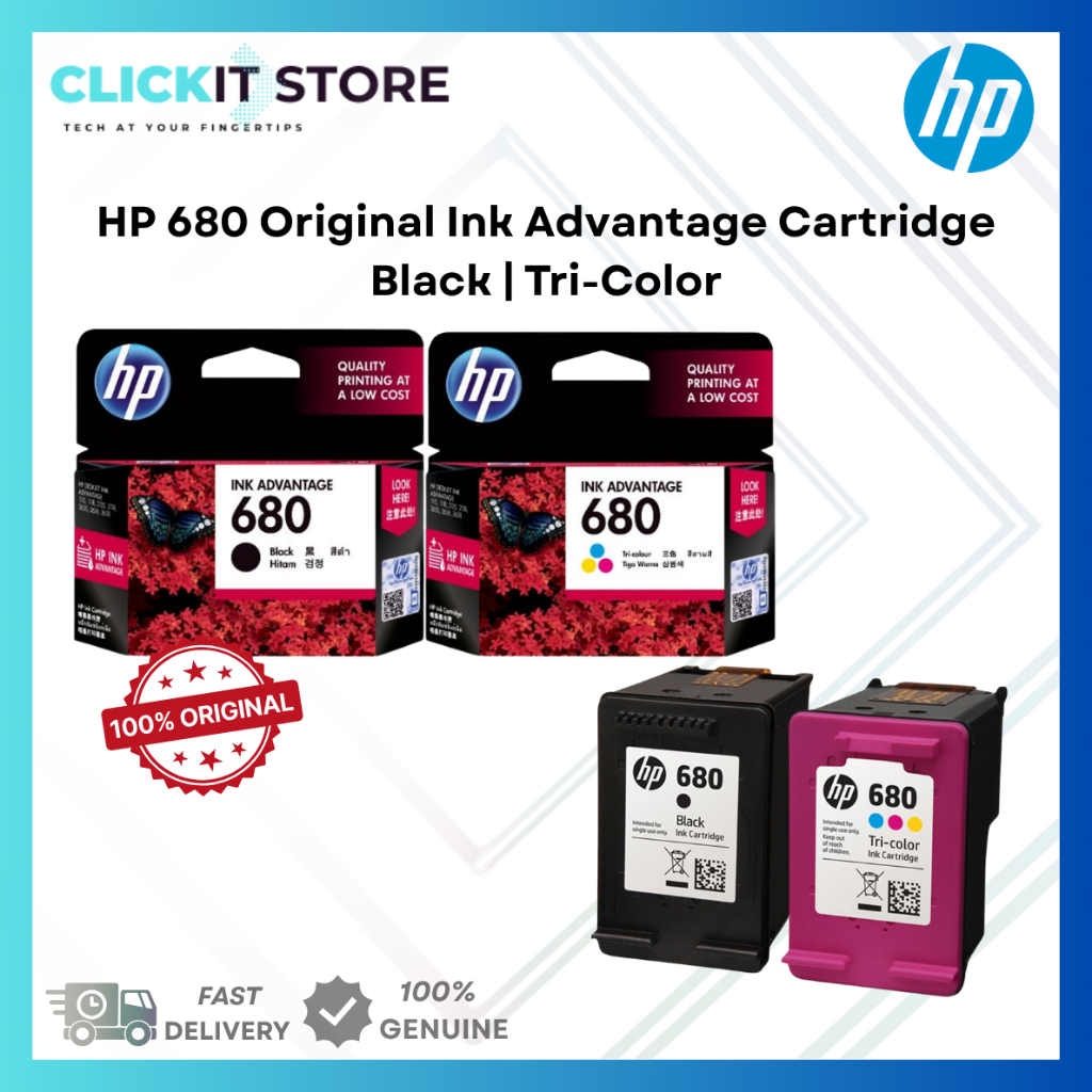 Kartrij Dakwat HP 680 Black / Tri-Color (100% Original) Ink Cartridge ...