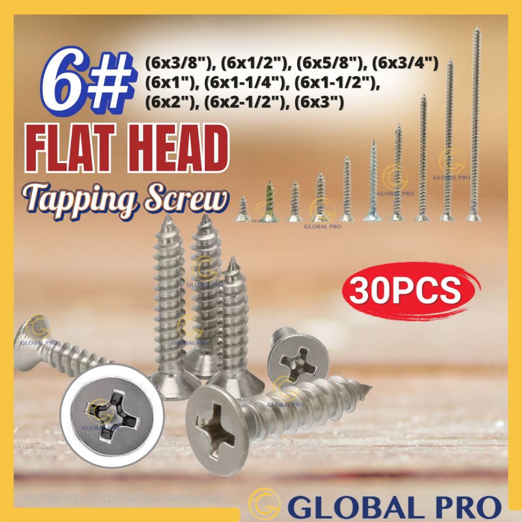 (30PCS)6# FLAT HEAD Tapping Screw Perfect for Wood/Plastic/thin Metal ...