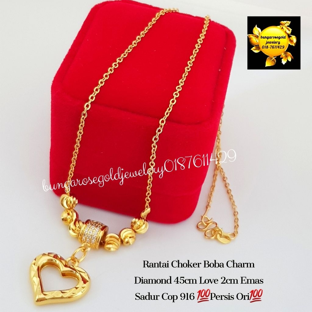 🔥Rantai Choker Boba Charm Diamond 45cm Love 2cm Emas Sadur Cop 916 💯 ...