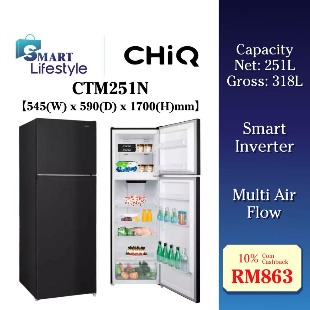 CHiQ Two Door Top-mounted Smart Inverter Refrigerator (318L) CTM251N ...
