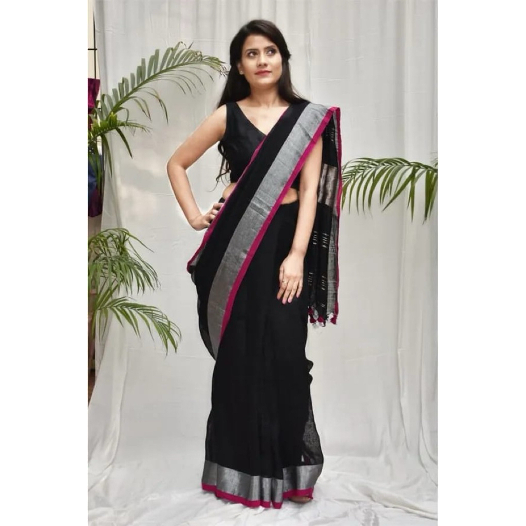 Cotton black elegance Silk Saree Blouse plan silver border Rich Fancy ...