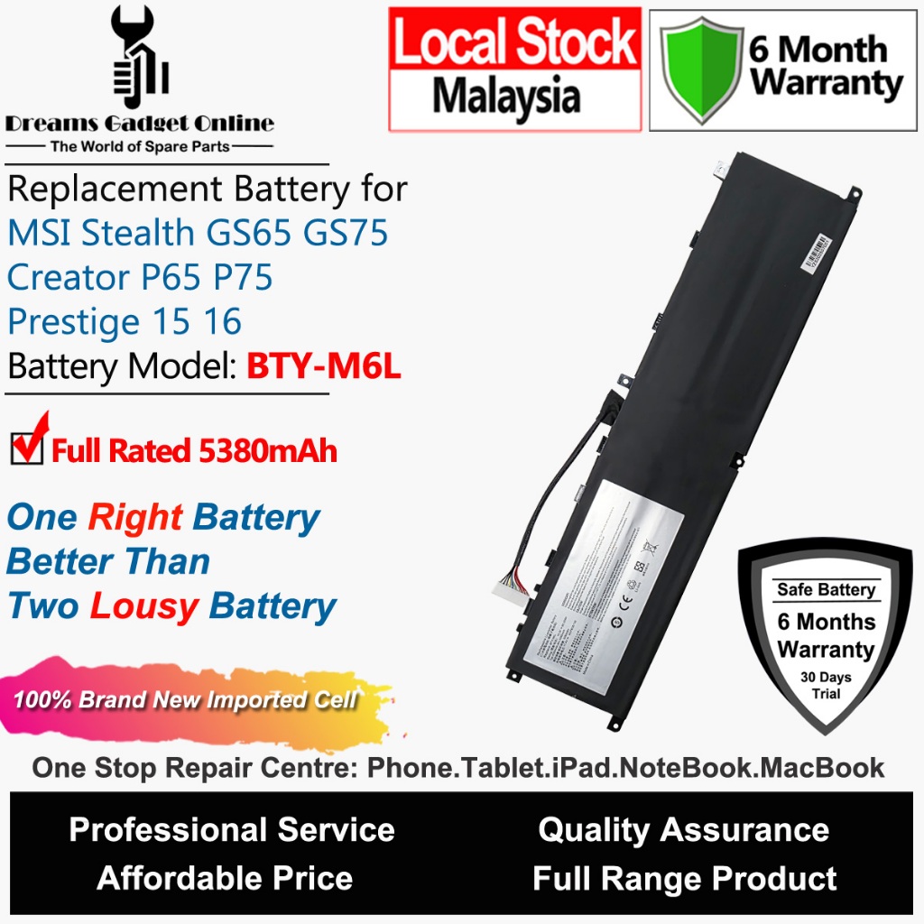 MSI Laptop Battery BTY-M6L 5380mAh for MSI Stealth GS65 GS75 Creator ...