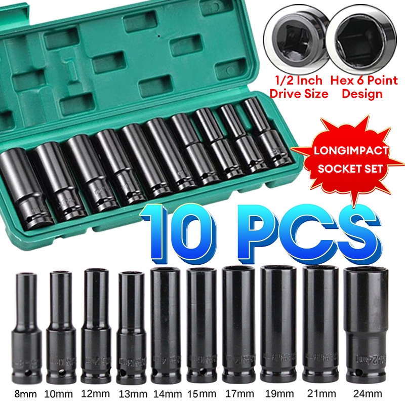 10pcs 1/2 Inch Long Socket Impact Set Wrench Heavy Duty Box Set Tool ...