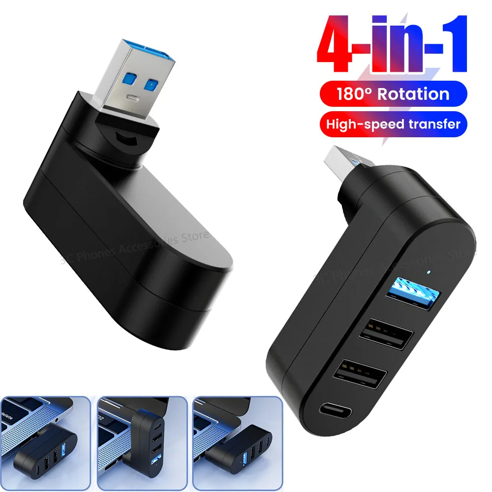 Rotatable USB HUB USB3.0 2.0 Type C HUB USB Splitter 4 Ports Multiple ...