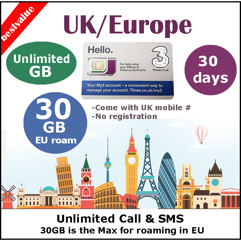 Europe HK SG UK World THREE Travel Sim Card Unlimited GB Data ...