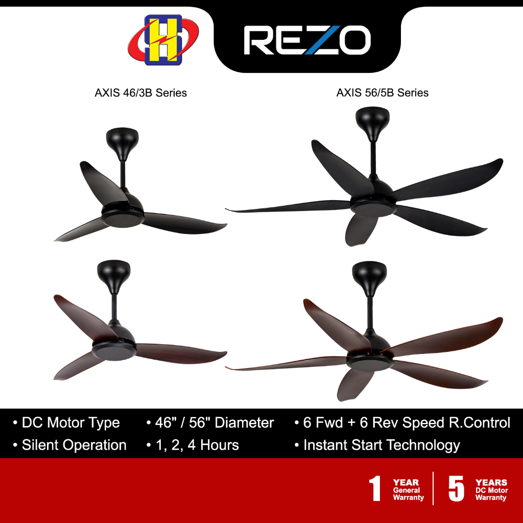 Rezo Ceiling Fan (46"/56")(Matt Black/Dark Wood) DC Motor 12-Speed ...