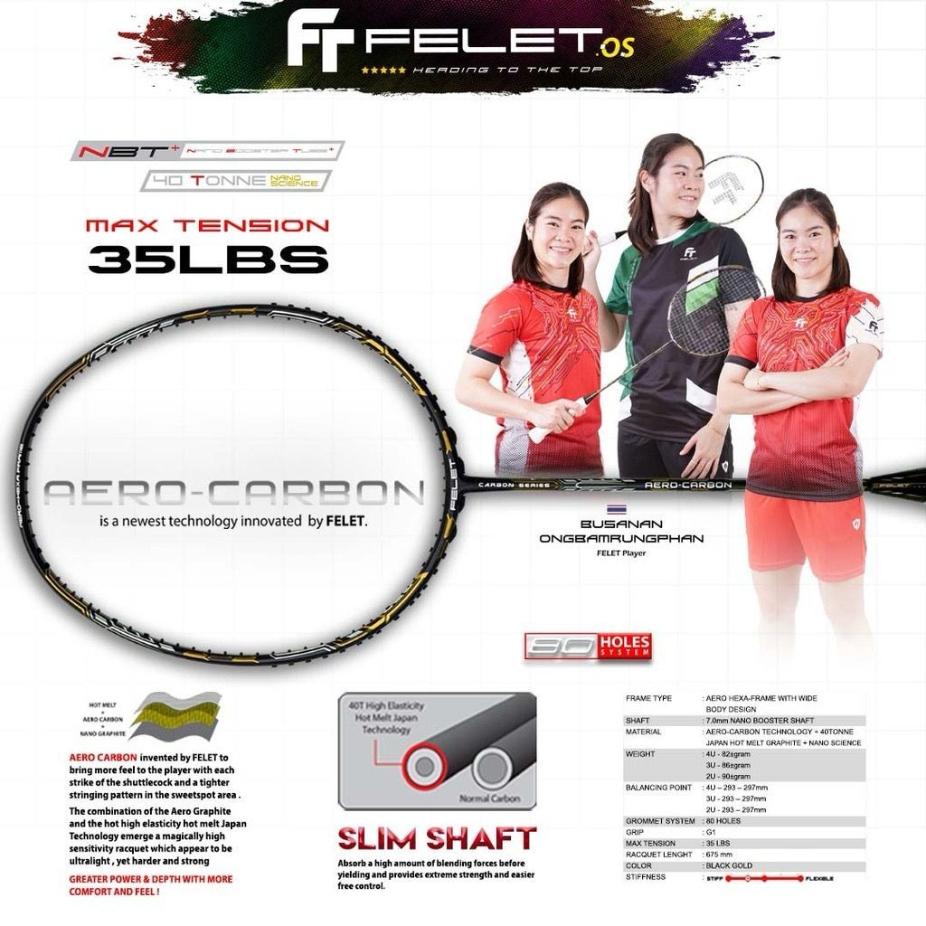 FELET Aero Carbon Professional Badminton Racket MAX TENSION 35LBS ...