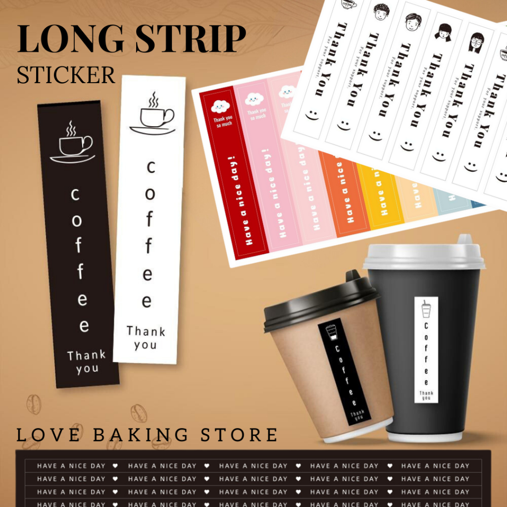 LBS • 100pcs sticker Coffee Milk Tea HANDMADE THANK YOU Long strip ...