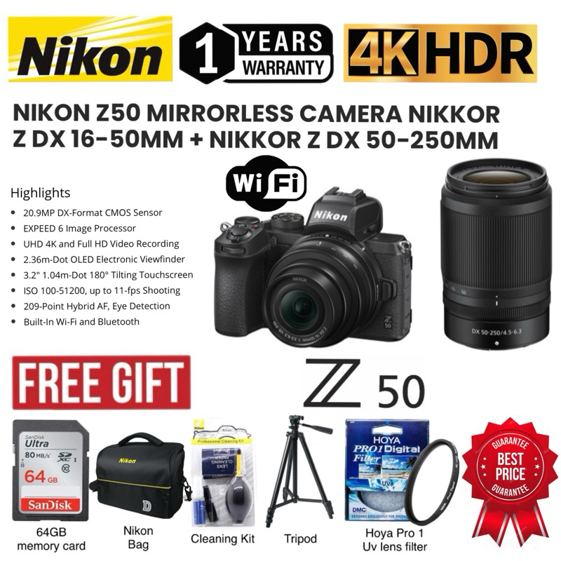 NIKON Z50 16-50MM + 55-250MM TWIN LENS KIT UHD 4K WIFI FLIP SCREEN ...