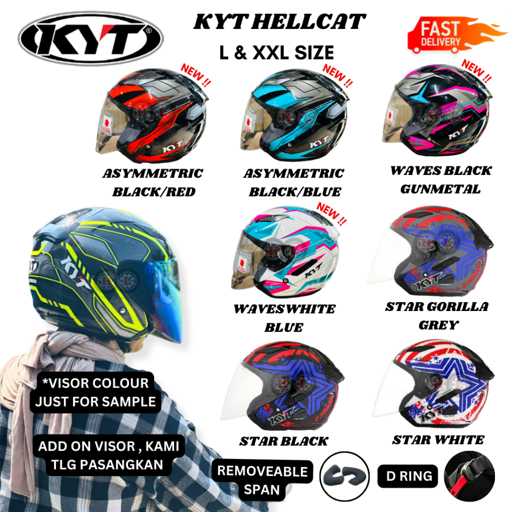 KYT HELLCAT HELMET SINGLE VISOR ( HELLCAT STAR WHITE / STAR BLACK ...