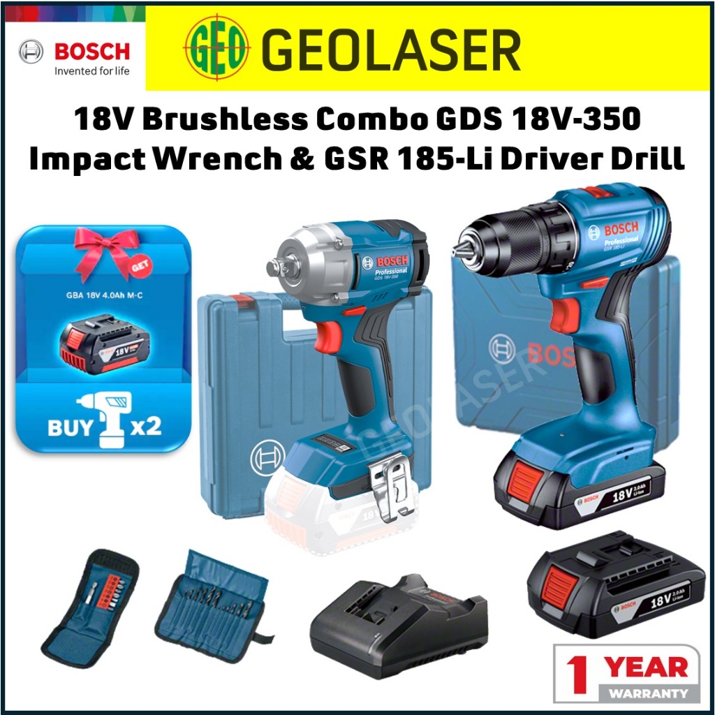 BOSCH 18V BRUSHLESS CORDLESS COMBO GSR 185-LI DRIVER DRILL & GDS 18V-350 IMPACT WRENCH | Shopee ...
