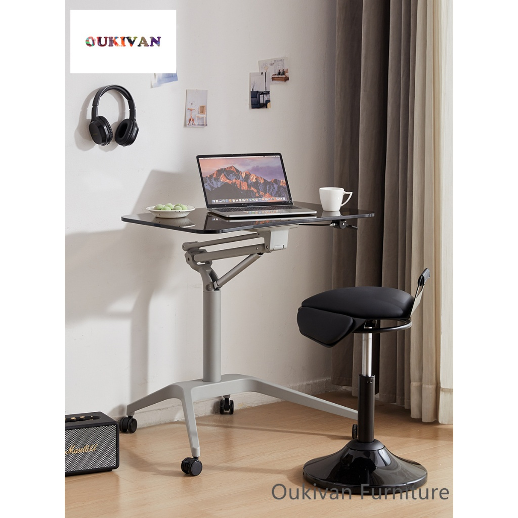 Adjustable Portable Desk With Wheels High Quality Tempered Glass / Wood ...