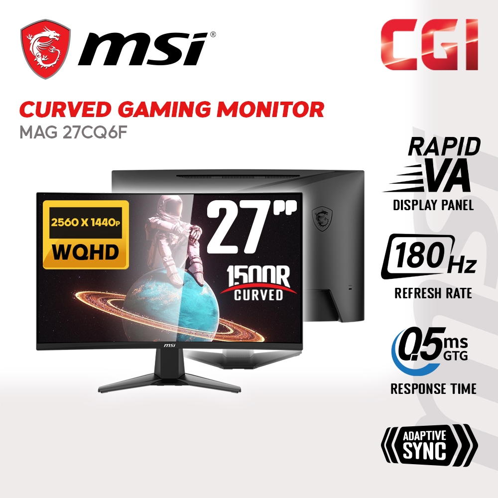 MSI 27" MAG 27CQ6F RAPID VA WQHD Adaptive Sync 180Hz 0.5ms Curved ...