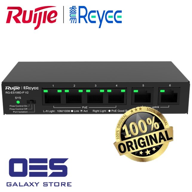 RUIJIE REYEE RG-ES106D-P V2 Network 4 x 10/100Mbps PoE Ports 54W, 2 x ...