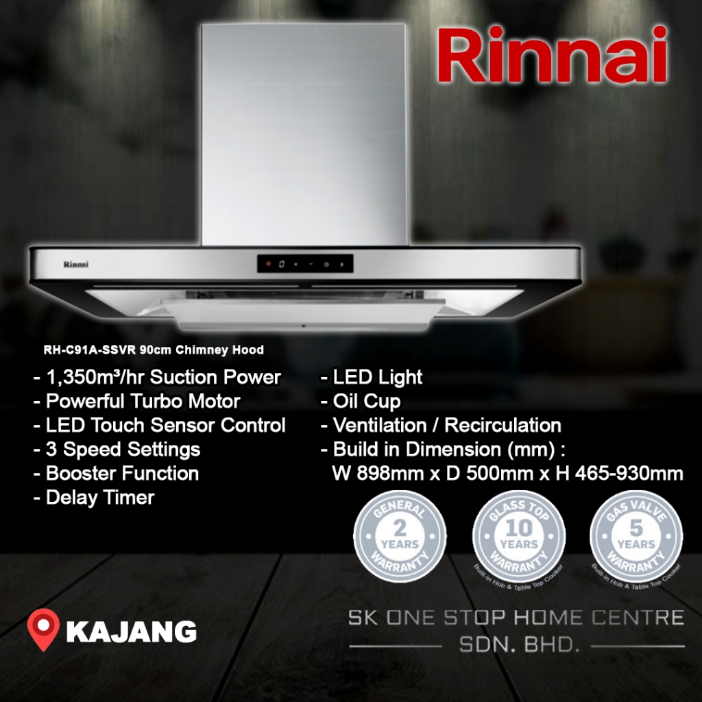 Rinnai RH-C91A-SSVR 90cm Chimney Hood 1350m3/hr Suction Power | Shopee Malaysia