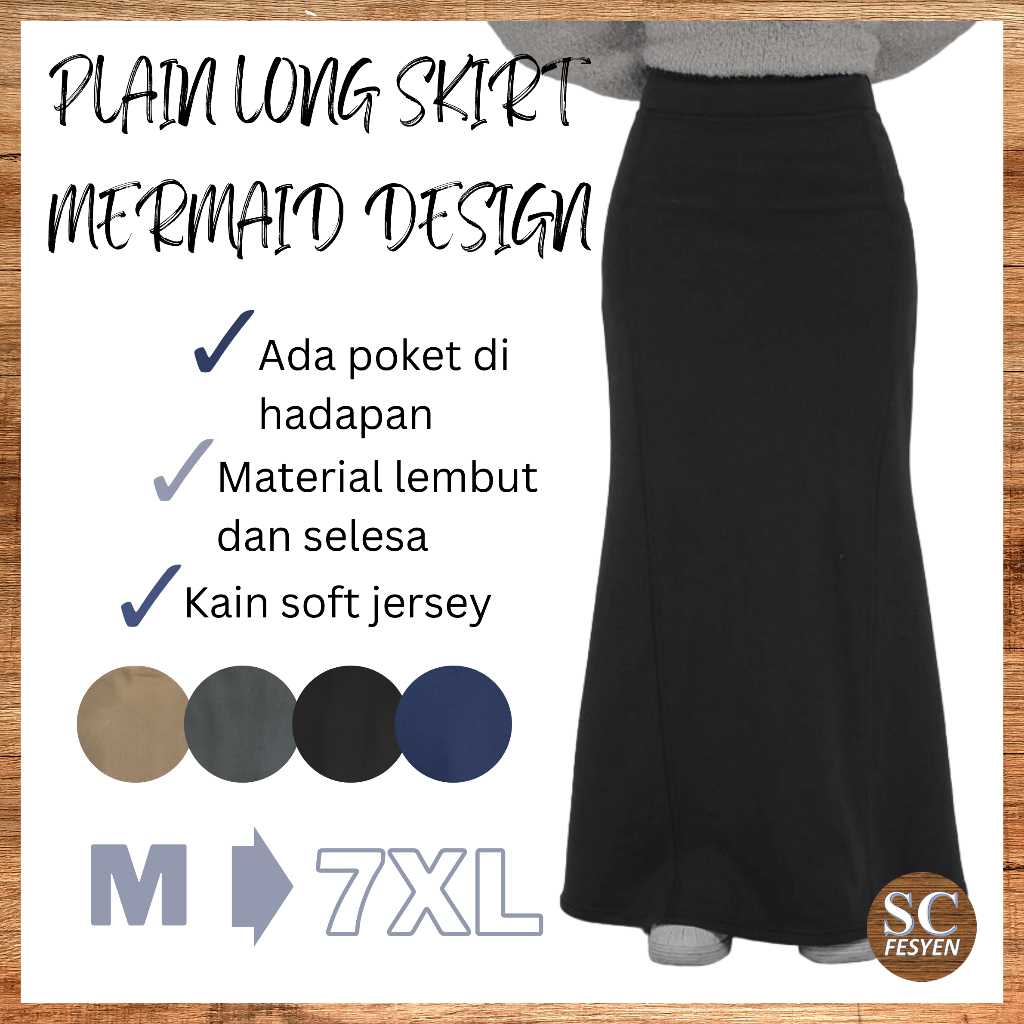 SC Ladies Wear Skirt Kain Duyung Mermaid Plain Maxi Bergetah Plus Size ...