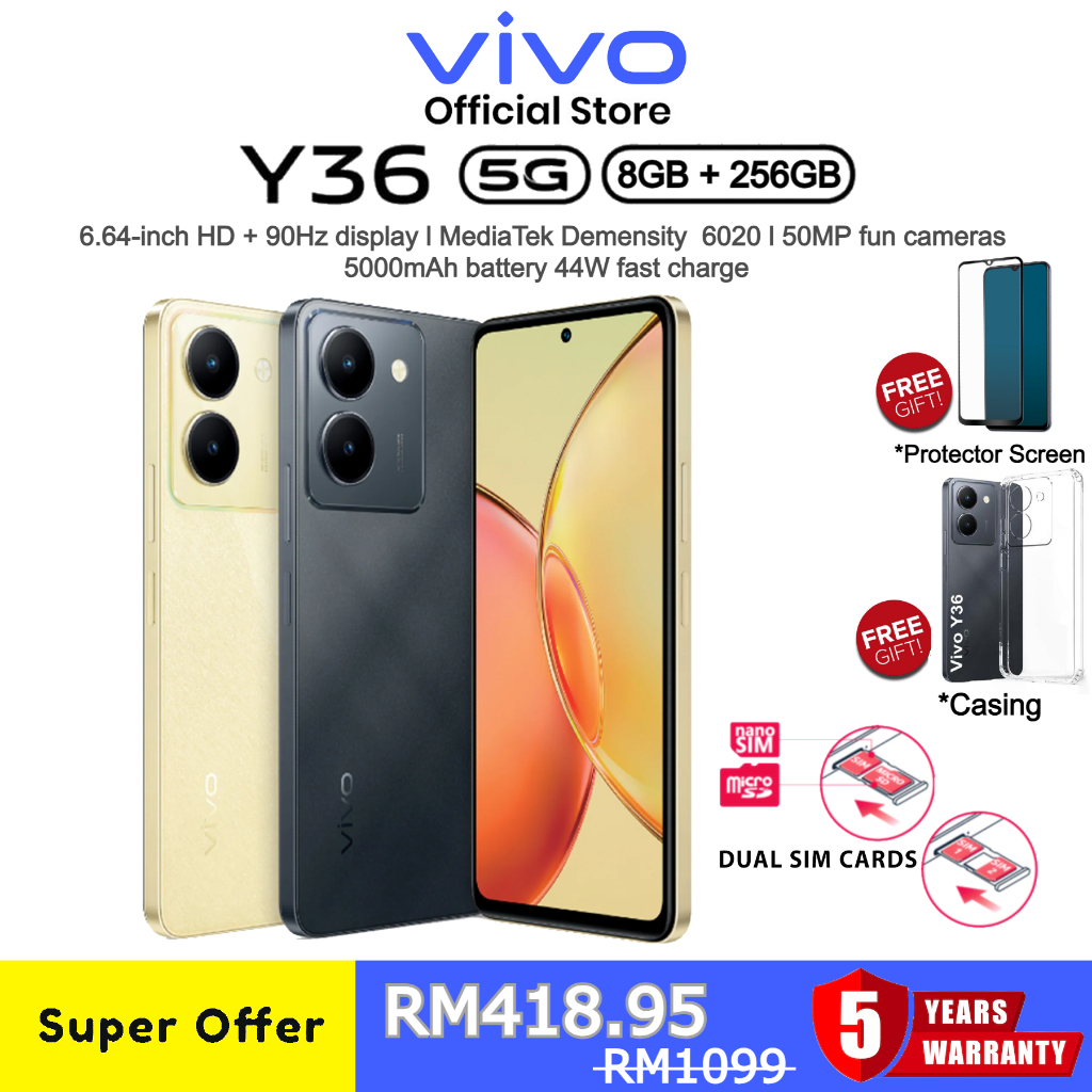 VIVO Y36 5G 8GB RAM +256GB ROM Smartphone 44W FlashCharge + 5000 mAh 50MP Fun Camera 6.64" FHD+ ...