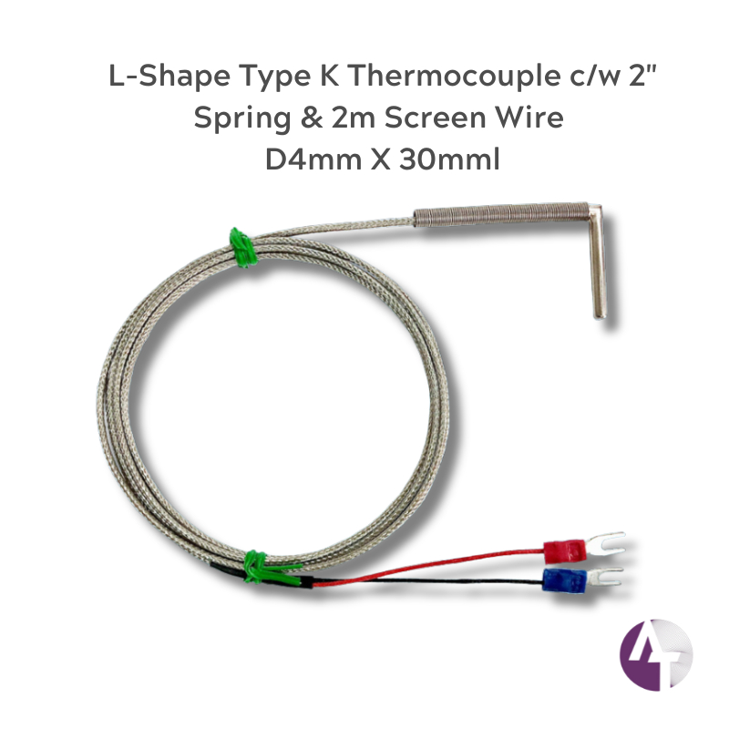 L-Shape Type K Thermocouple c/w 2" Spring & 2m Screen Wire, D4mm X ...