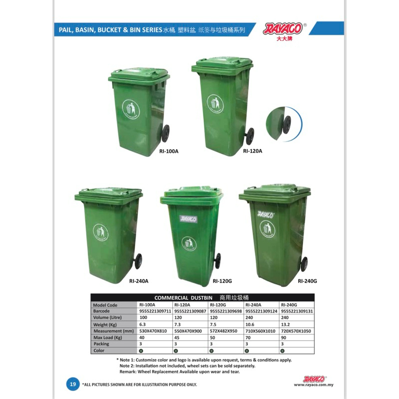RAYACO 100Ltr HDPE Large Heavy Duty Dustbin/Big Green Dustbin With ...
