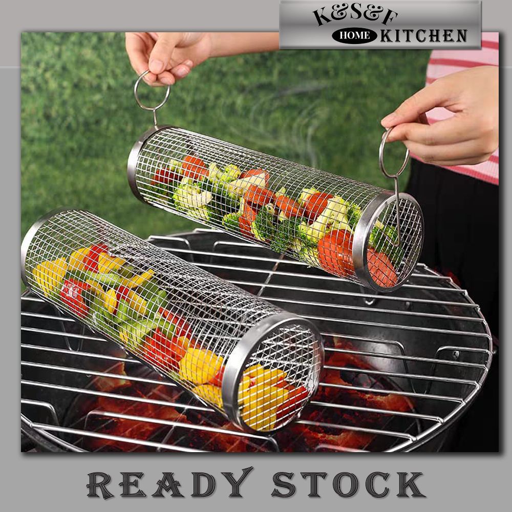 BBQ Round Basket Stainless Steel Roiling Grilling Cages Wire Mesh ...