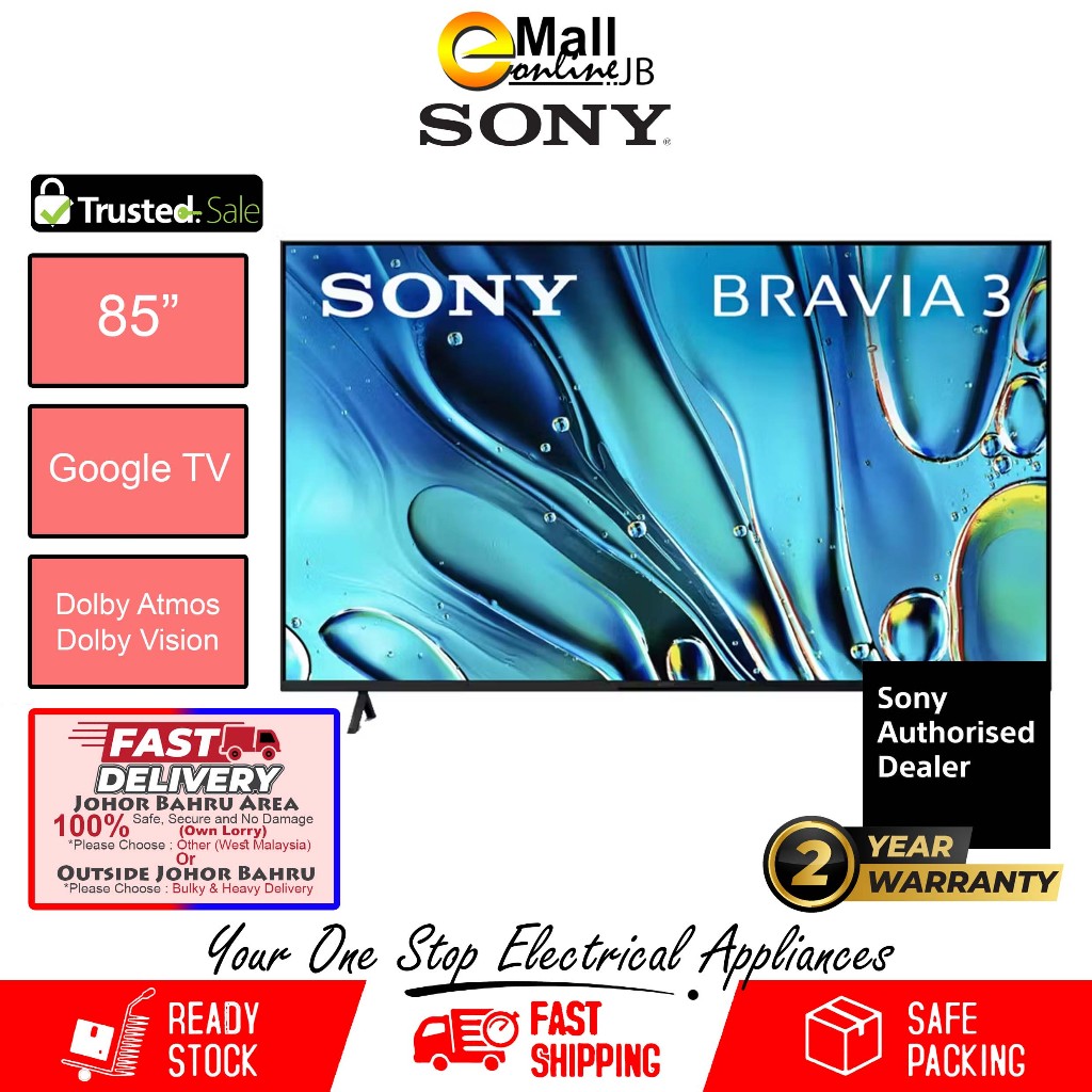 SONY BRAVIA 3 S30 85" 75 65 55" 4K UHD HDR PROCESSOR X1 SMART TV GOOGLE ...