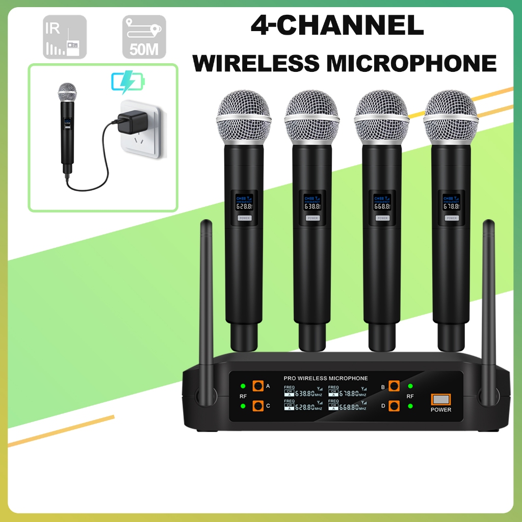 Karaoke Wireless Microphone 4 Channel UHF Wireless Microphone System professional Studio ...
