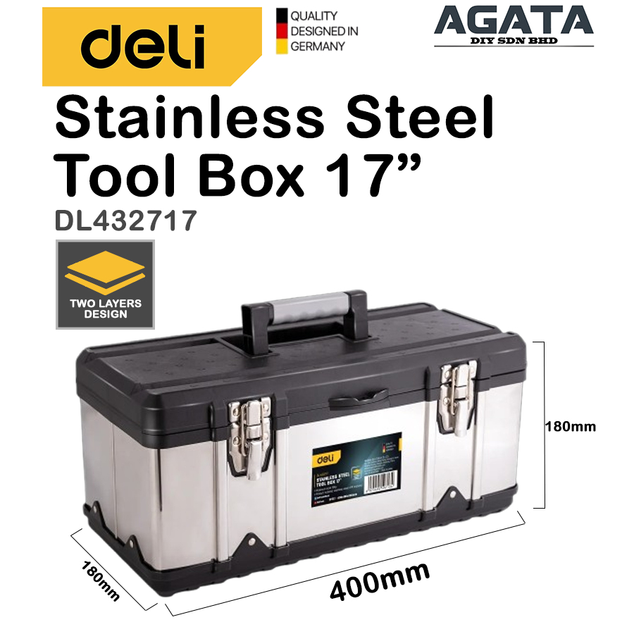 DELI Stainless Steel Tool Box 17" DL432717 2-layer Storage Box Toolbox ...