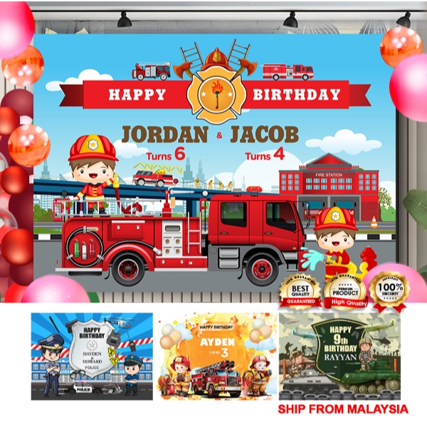 Banner Hari Jadi / Banner Hiasan / Birthday - Fire truck / Firetruck ...