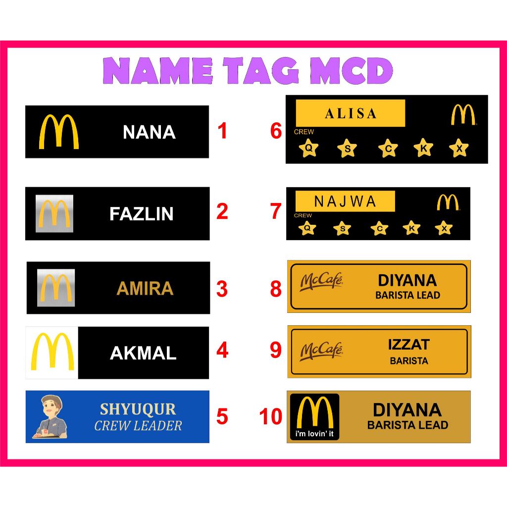 NAME TAG MCD/Mc Donalds/CREW MEMBER CREW LEADER | Shopee Malaysia