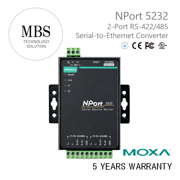 MOXA NPort 5232 - 2-Port Serial RS-422/485(TB) -to- TCP/IP (RJ45) Converter | DNV UL CE FCC ...