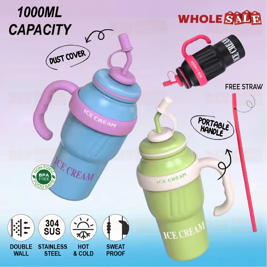 1000ML Stainless Steel Vacuum Insulated Flask Ice Cream with Handle ...