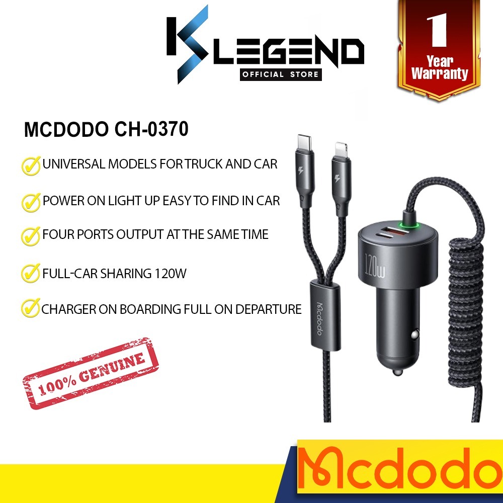 MCDODO CH-0370 120W 1C + 1A Car Charger with USB C and Epal Retractable Cable Quick Charge ...