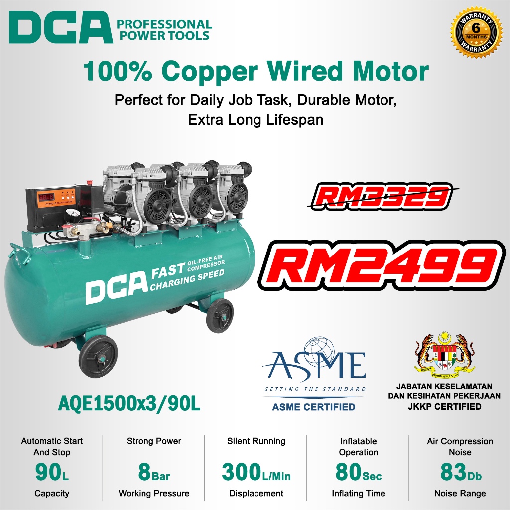 DCA AIR COMPRESSOR 90L OIL FREE SILENT TRIPLE MOTOR 1500WATT | Shopee Malaysia