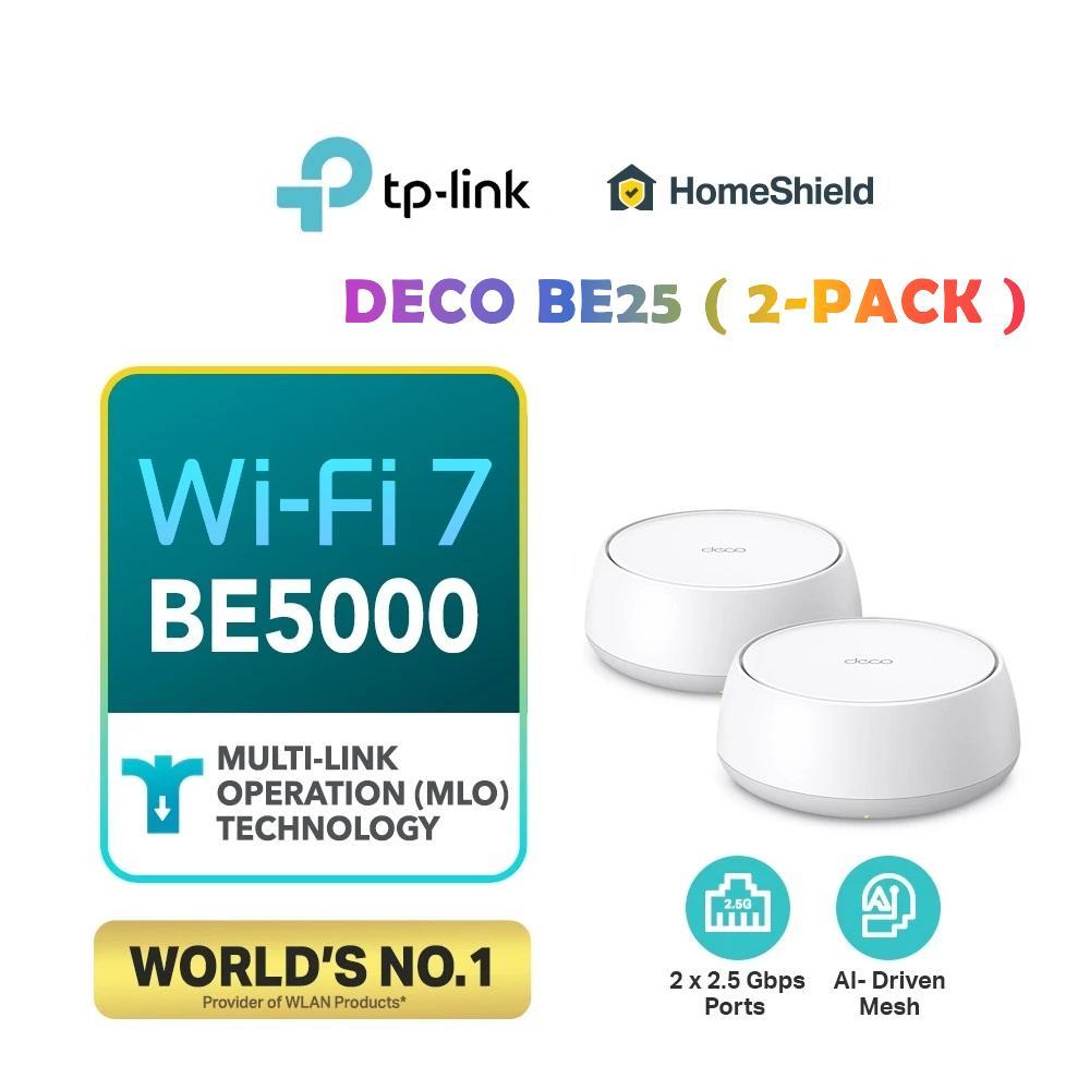 TP-Link BE5000 WiFi 7 Whole Home AI-Driven Mesh WiFi Router with Homeshield Deco BE25 (2-PACK ...
