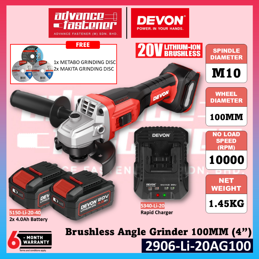 DEVON 2906-LI-20AG100 / 2906-LI-20Z100 20V Brushless Cordless Angle ...