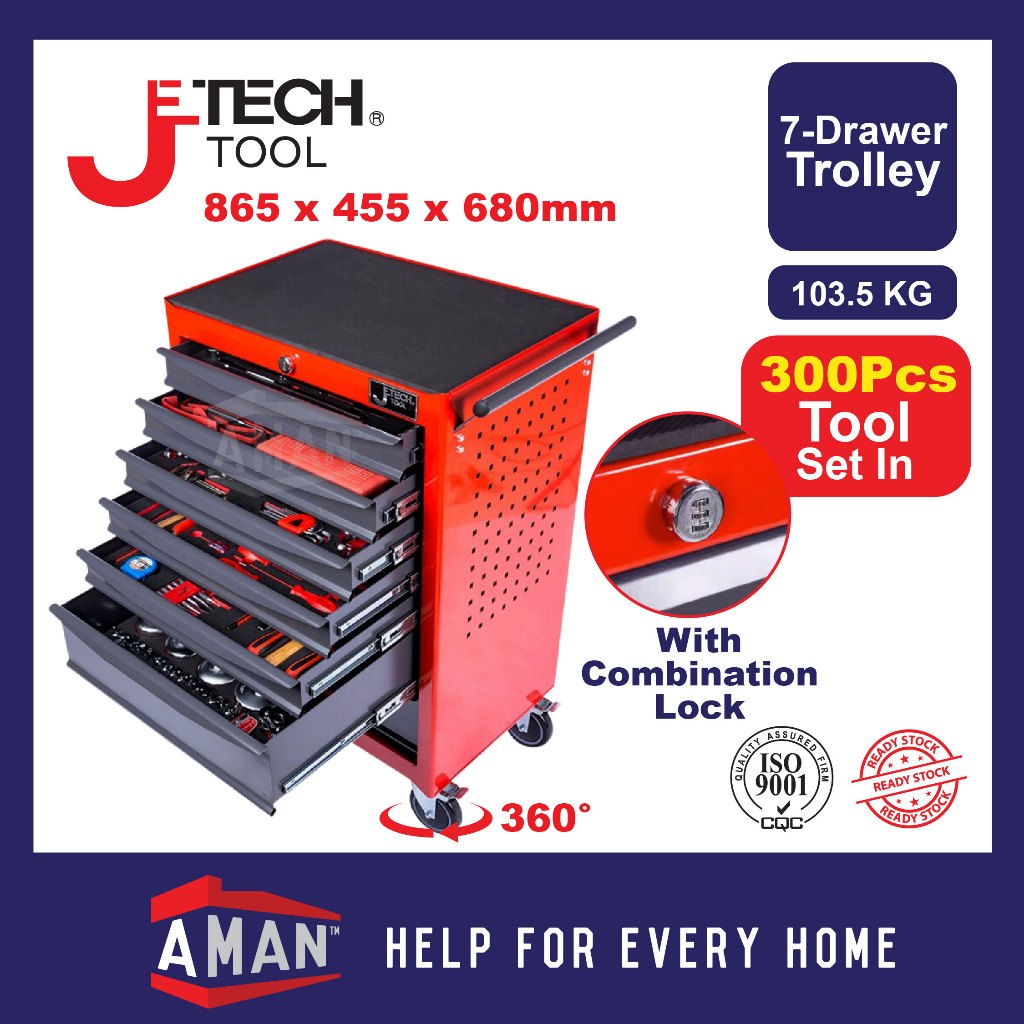 JETECH 300pcs Tool Set In 7 Drawer Metal Tool Trolley Cabinet Lockable Wheel Tool Trolley 工具车 ...