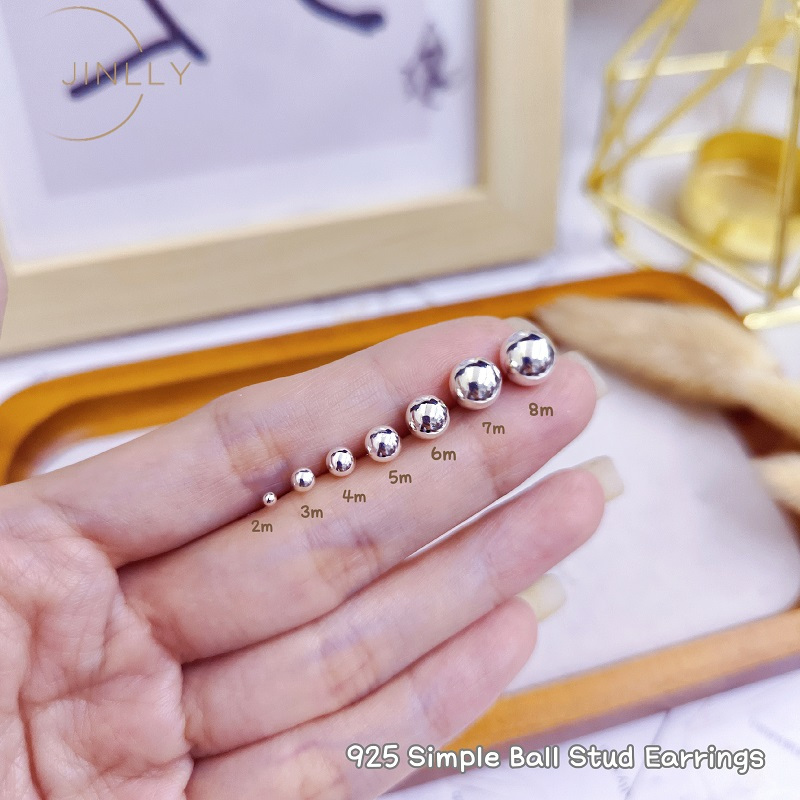 JINLLY SILVER -925 Simple Ball Stud Earrings/subang telinga/subang ...