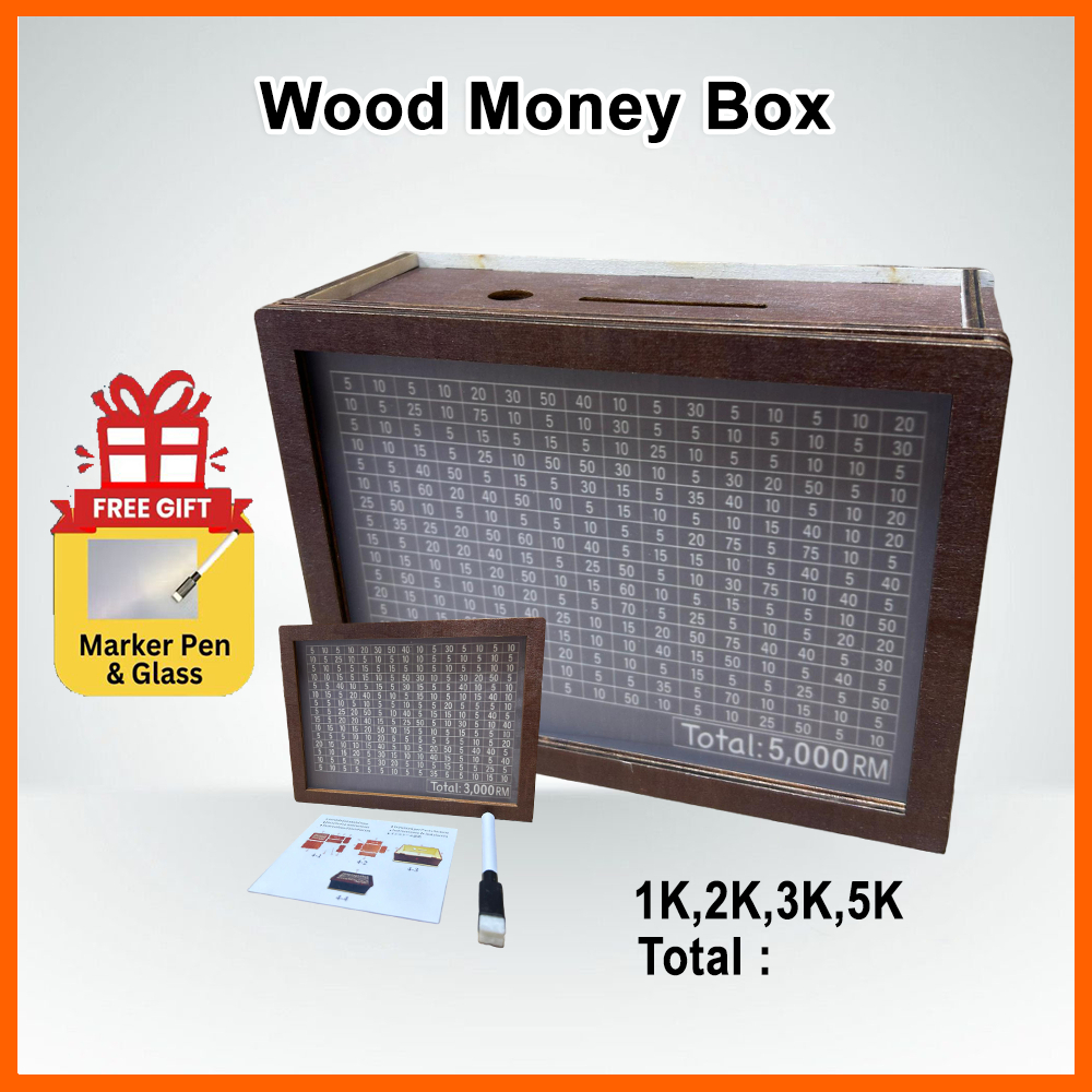 Wood Money Box with number on the box Tabung Duit Saving Planner Money ...