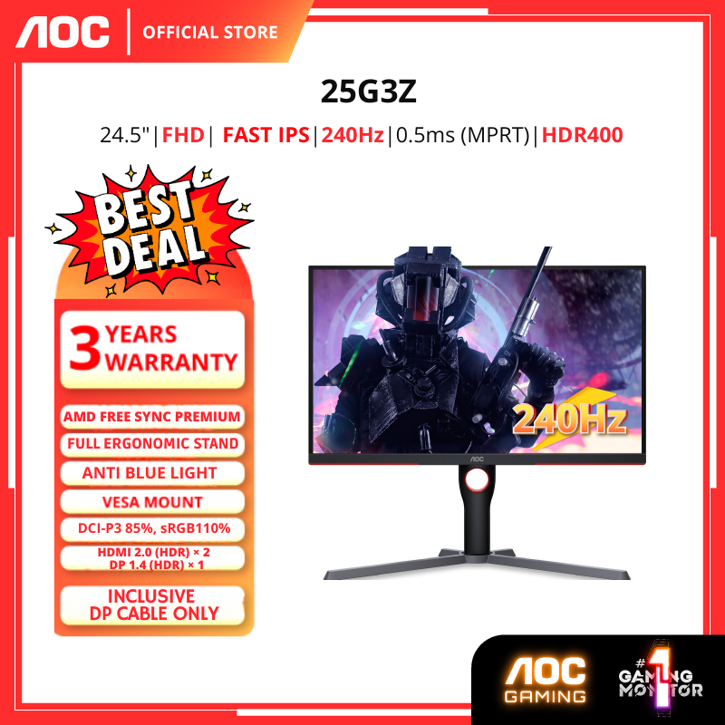 AOC 25G3Z (IPS) / 25G3ZM (VA) GAMING MONITOR ( 24.5" FHD/240HZ/0.5Ms/ PIVOT/AMD FREE-SYNC ...