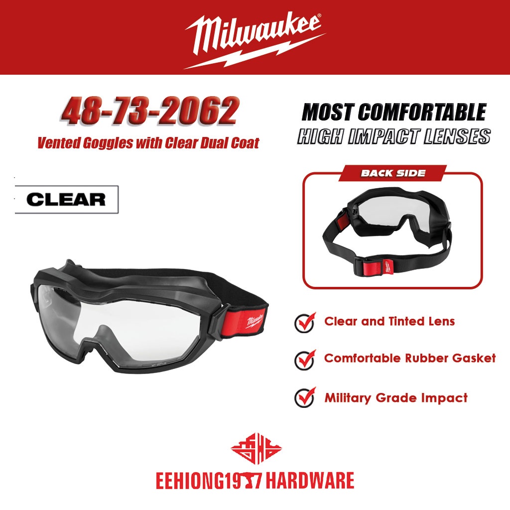 MILWAUKEE 48-73-2062 Vented Goggles With Clear Dual Coat Lens Safety ...