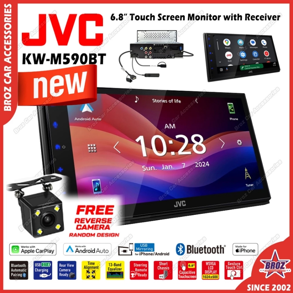 FREE REVERSE CAMERA ORIGINAL JVC KW-M590BT Media Receiver 6.8" Touch Monitor Double Din (Apple ...