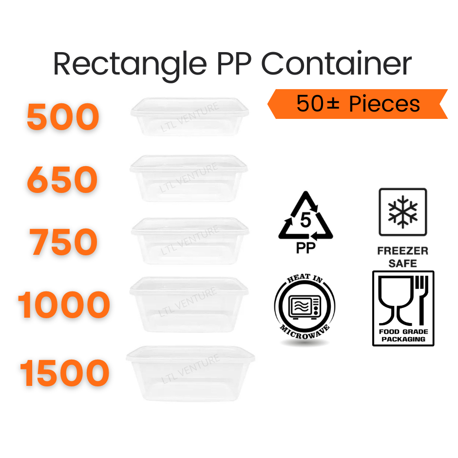 (50Pcs) Rectangle PP Rectangular Plastic Container with Lids Teka 500/650/750/1000/1500ML ...